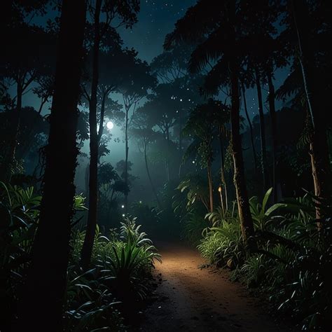 Night View Of Road Through Jungle With Roadside Lighting Premium Ai