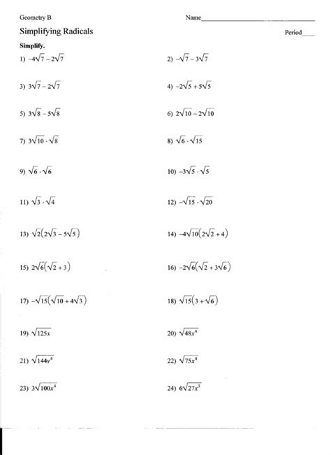 Simplify Radicals Worksheet With Answers