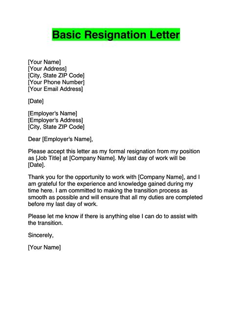Basic Resignation Letter Template Work Resignation Letter Job