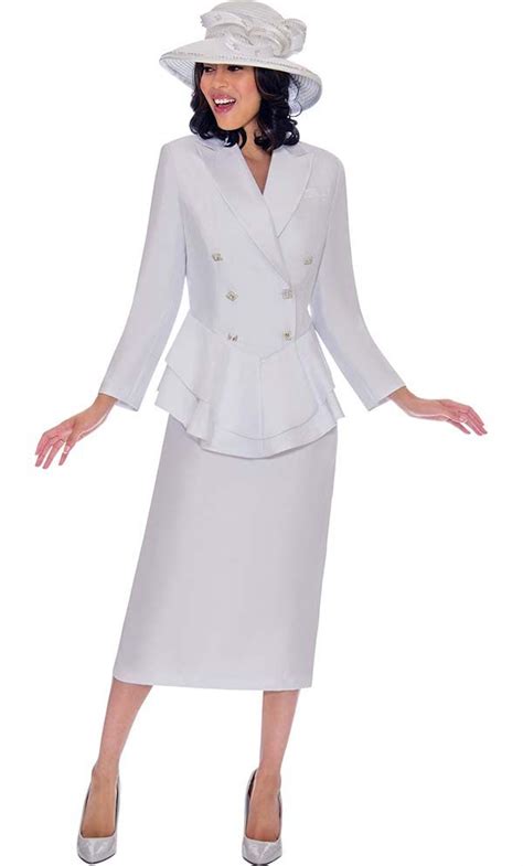Gmi G White Skirt Suit With Layered Peplum Peak Lapel Jacket Women Church Suits White