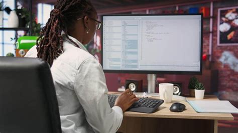 Coder At Workstation Programming On Pc Writing Lines Of Code Using