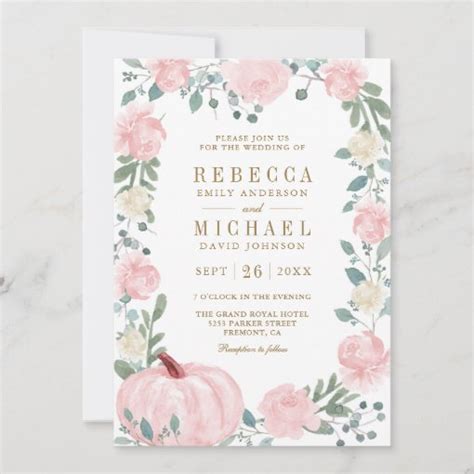 Rustic Blush Pink Floral Pumpkin Qr Code Wedding Invitation Zazzle