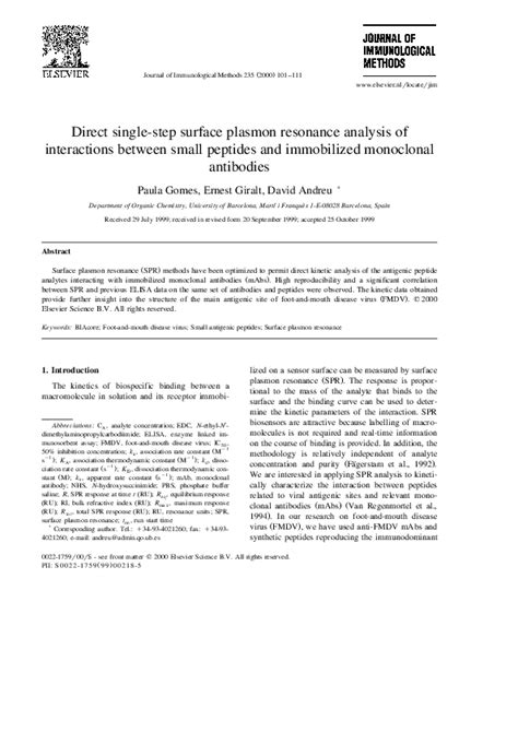Pdf Direct Single Step Surface Plasmon Resonance Analysis Of Interactions Between Small
