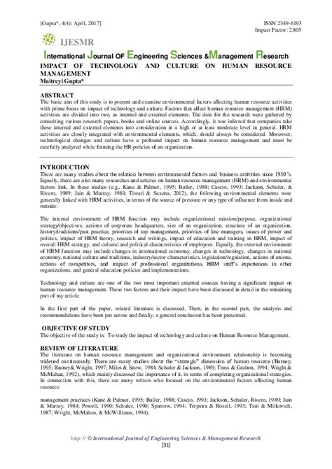 Pdf Impact Of Technology And Culture On Human Resource Management