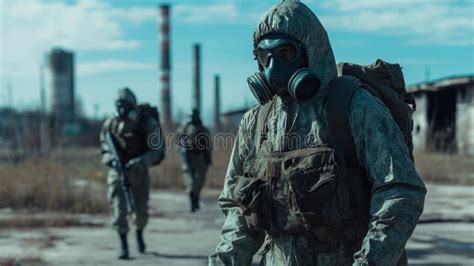 Soldiers In Hazmat Suits Patrolling Abandoned Industrial Area Stock