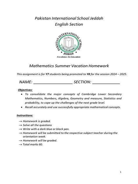 Y7 Math Holidays Homework Pisjes Pdf