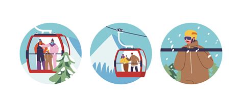 케이블카에 캐릭터가 있는 고립된 원형 아이콘 또는 아바타는 경치 좋은 아름다움에 사로잡혀 겨울 전망을 즐기세요 거리에 대한 스톡 벡터 아트 및 기타 이미지 Istock