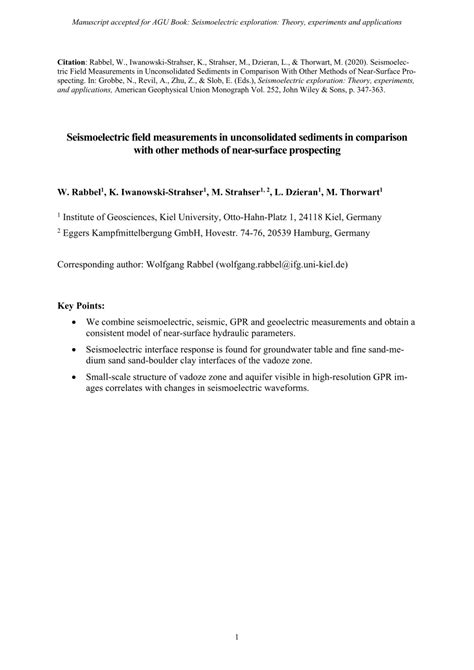 Pdf Seismoelectric Field Measurements In Unconsolidated Sediments In Comparison With Other