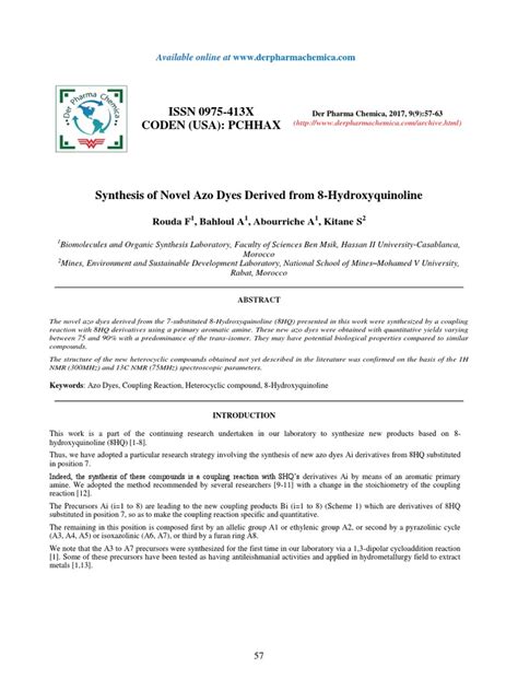 Synthesis Of Novel Azo Dyes Derived From 8hydroxyquinoline 1 Pdf Chemistry Physical Sciences
