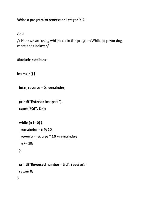 Write A Program To Reverse An Integer In C Then The While Loop Is