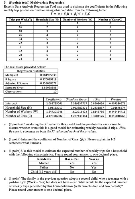 solved 3 5 points total multivariate regression excel s