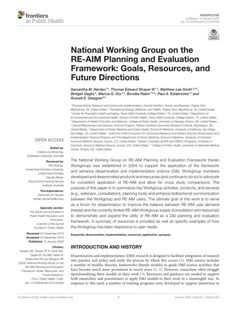 Pdf National Working Group On The Re Aim Planning And Evaluation Framework Goals Resources