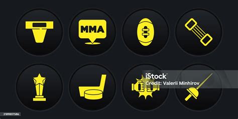 세트 어워드 컵 가슴 확장기 아이스하키 스틱 퍽 권투 장갑 펀치 미식 축구 공 파이트 클럽 Mma 펜싱 및 사타구니 가드 아이콘 벡터 건강한 생활방식에 대한 스톡 벡터 아트