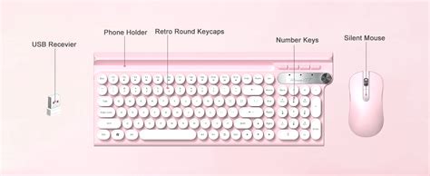 Racegt Wireless Typewriter Keyboard And Silent Mouse Combo Cute Pink Keyboard With