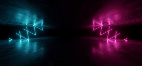 네온 조명 공상 과학 소설 미래 화살표 모양의 활기찬 보라색 파란색 그런 지 콘크리트 바닥 천장 지하 차고 터널 복도 어두운 빈 가상 3d 렌더링에 빛나는 0명에 대한 스톡