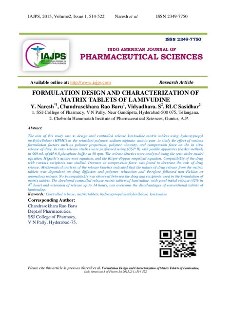 Pdf Formulation Design And Characterization Of Matrix Tablets Of Lamivudine Y Naresh 1