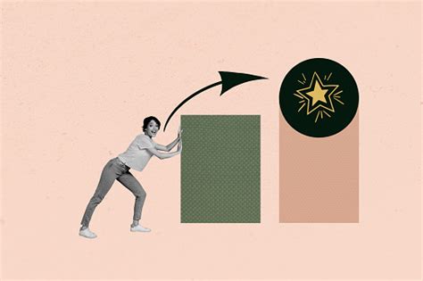 스케치 합성물 3d 사진 콜라주 트렌드 삽화 젊은 여자 스탠드 손 잡아 당기기 플랫폼 별 화살 골 사무원 매니저 시간 별 모양에 대한 스톡 사진 및 기타 이미지 Istock