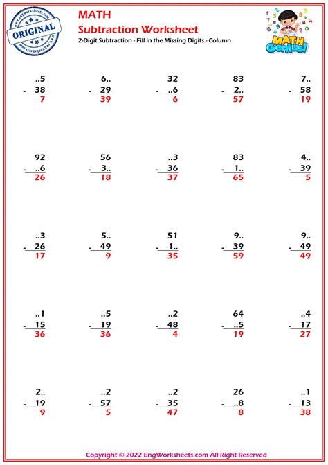 2 digit subtraction fill in the missing digits column worksheets