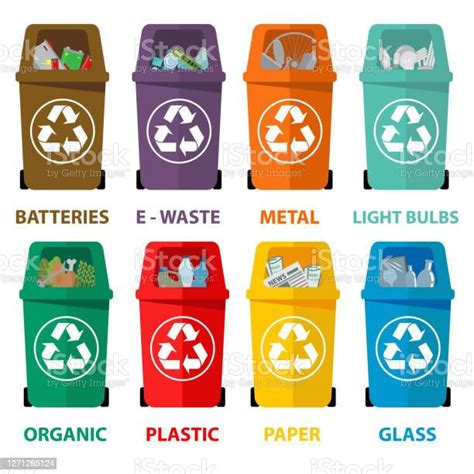 다른 색깔의 재활용 쓰레기통 벡터 일러스트레이션 폐기물 유형 분리 재활용 벡터 일러스트 유기 배터리 금속 플라스틱 종이 유리 전자 폐기물 전구 개념에 대한 스톡 벡터 아트