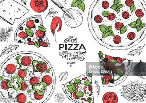 이탈리아 피자와 재료 탑 뷰 프레임 이탈리아 음식 메뉴 디자인 템플릿 빈티지 손으로 그린 스케치 벡터 일러스트 각인된 스타일