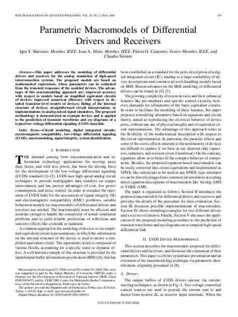 Pdf Parametric Macromodels Of Differential Drivers And Receivers