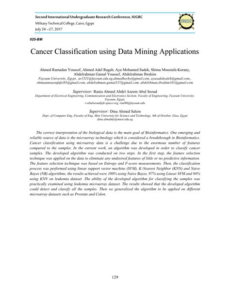 Pdf Cancer Classification Using Data Mining Applications Supervisor
