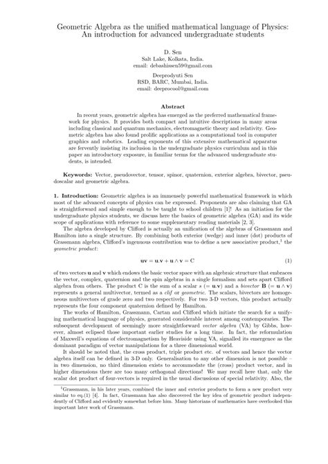 Pdf Geometric Algebra As The Unified Mathematical Language Of Physics An Introduction For