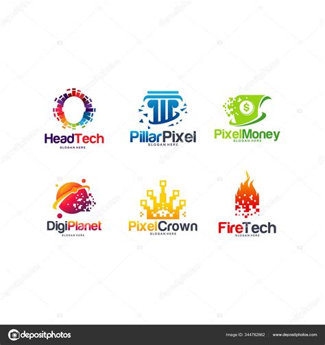Set Of Pixel Tech Logo Designs Concept Head Tech Logo Colorful Head Mind Pixel Pillar Pixel