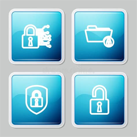 Set Line Cyber Security Folder And Lock Shield With And Open Padlock Icon Vector Stock Vector