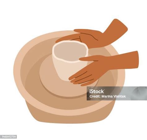 점토로 냄비를 만드는 도자기 바퀴에 장인의 손을 근접 촬영 흰색으로 격리된 벡터 그림 도자기에 대한 스톡 벡터 아트 및 기타