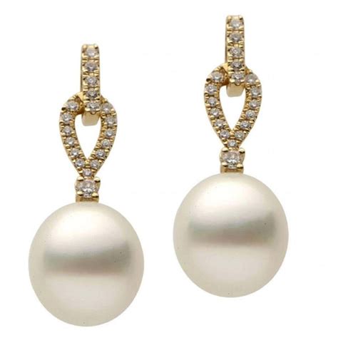 Yellow Gold Pearl And Diamond Dangle Drop Earring At 1stdibs