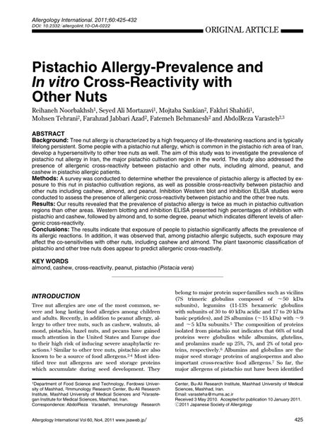 Pdf Pistachio Allergy Prevalence And In Vitro Cross Reactivity With Other Nuts