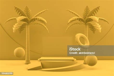 여름 개체 최소한의 여름과 여행 개념과 열대 야자수와 빈 화면 노트북 무중력에 대한 스톡 사진 및 기타 이미지 무중력 배경 주제 3차원 형태 Istock