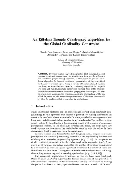 Pdf An Efficient Bounds Consistency Algorithm For The Global Cardinality Constraint
