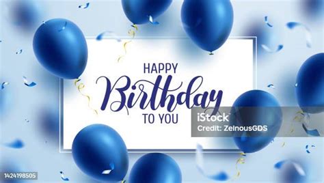 생일 인사말 벡터 템플릿 디자인 생일 축하 행사를위한 파란색 풍선과 색종이 요소가있는 화이트 보드 공간에서 생일 축하 텍스트 생일에 대한 스톡 벡터 아트 및 기타 이미지