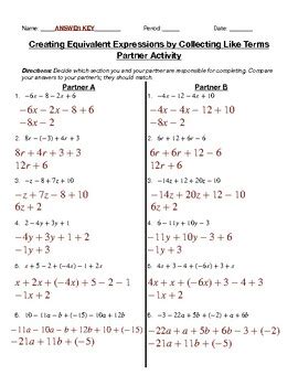 Creating Equivalent Expressions By Collecting Like Terms Partner Activity