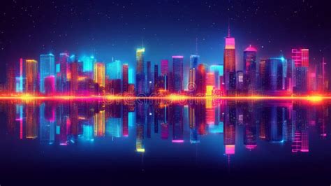 Vibrant Neon City Skyline At Night With Water Reflection Stock