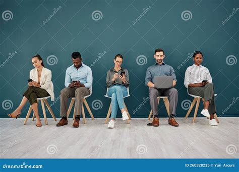 Recruitment Phone And Laptop Chair Row Of People At Workspace Corridor Waiting With Mockup