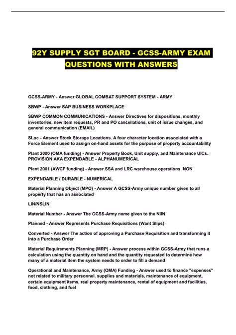 92Y SUPPLY SGT BOARD GCSS ARMY EXAM QUESTIONS WITH ANSWERS 92Y SUPPLY SGT BOARD GCSS ARMY