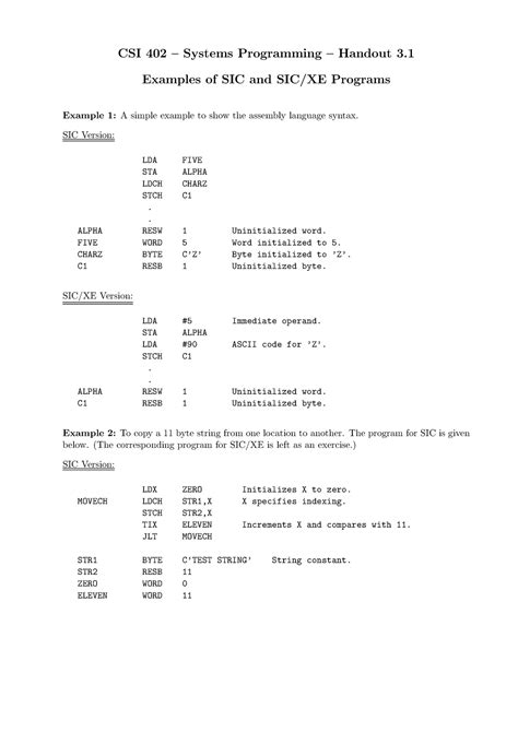 Handout Examples Of SIC And SIC XE Programs StuDocu