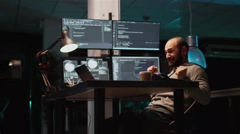 Software Developer Celebrating Coding Achievement And Typing Programming Code Technology Stock