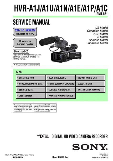 Sony Hvr A1j A1u A1n A1e A1p A1c Ver 17 Revised 2 Sm Service Manual