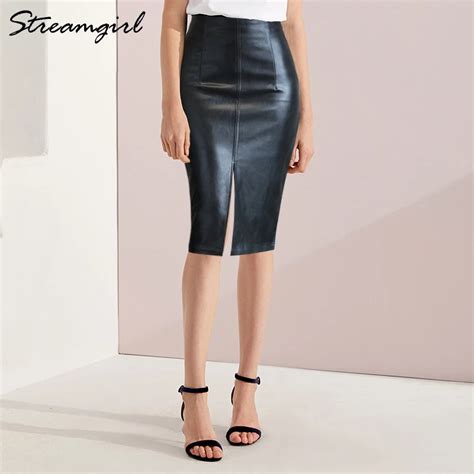 Buy Black Leather Skirt Women Plus Size Midi Pu Pencil