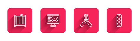 세트 라인 자동차 라디에이터 냉각 시스템 자동차의 진단 상태 배터리 점퍼 전원 케이블 및 긴 그림자가 있는 타이어 휠 빨간색 사각형 버튼입니다 벡터 건강 검진에 대한 스톡