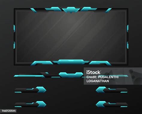 추상 검정색과 네온 블루 테두리 라이브 스트림 오버레이 게임 Gui 화면 패널 웹캠 비디오 테두리 프레임 템플릿 Brand Name Video Game에 대한 스톡 벡터