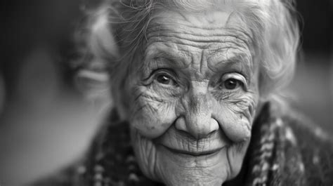 Black And White Portrait Of An Elderly Woman With Wrinkles And A Warm