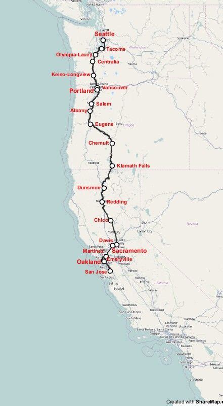 Map Of Coast Starlight Amtrak Passanger Train Running At Us West Coast