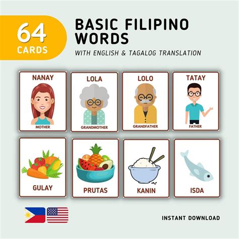 Basic Filipino Words 64 Cards Flashcards Tagalog Flashcards With