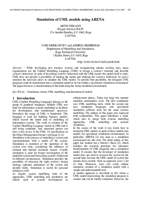 Pdf Simulation Of Uml Models Using Arena