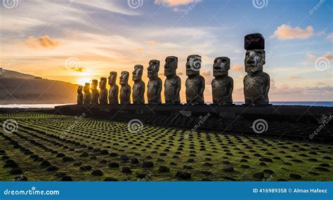 Sunset Illuminates The Iconic Moai Statues Of Easter Island Stock